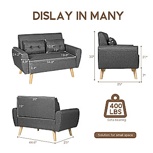 Oakmont 44" Small Modern Linen Fabric Loveseat Sofa, Comfortable and Stylish Love Seat with 2 Pillows and Thick Cushion, Durable Wood Leg Couch for Small Space, Living Room, Bedroom, Apartment (Grey)