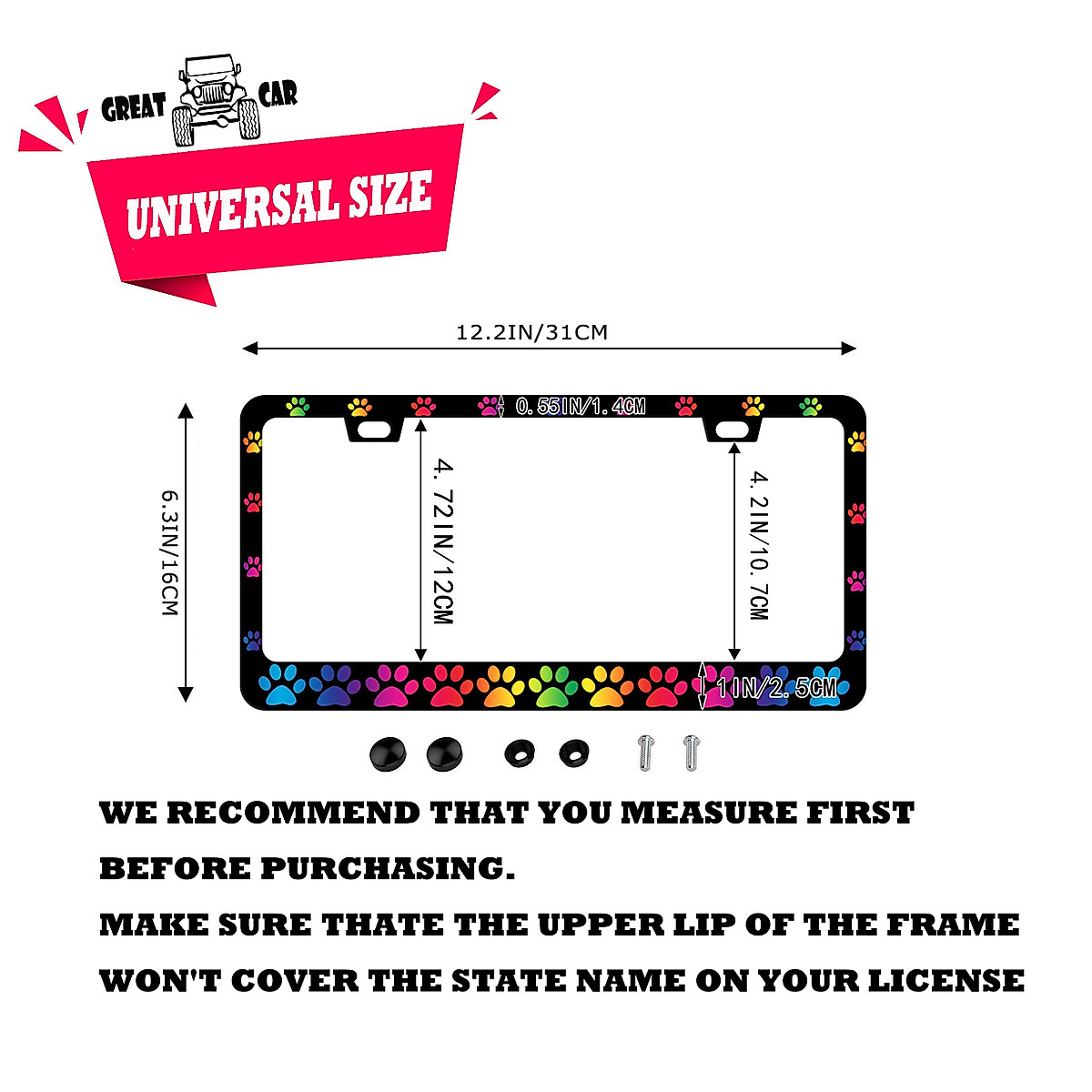 DZGlobal Paw Print Dog Cat Pattern License Plate Frame License Plate Covers Humor Car Tag Frame 2 Holes and Screws Black Personalized Car Accessories for Pet Lovers (Rainbow paw B)