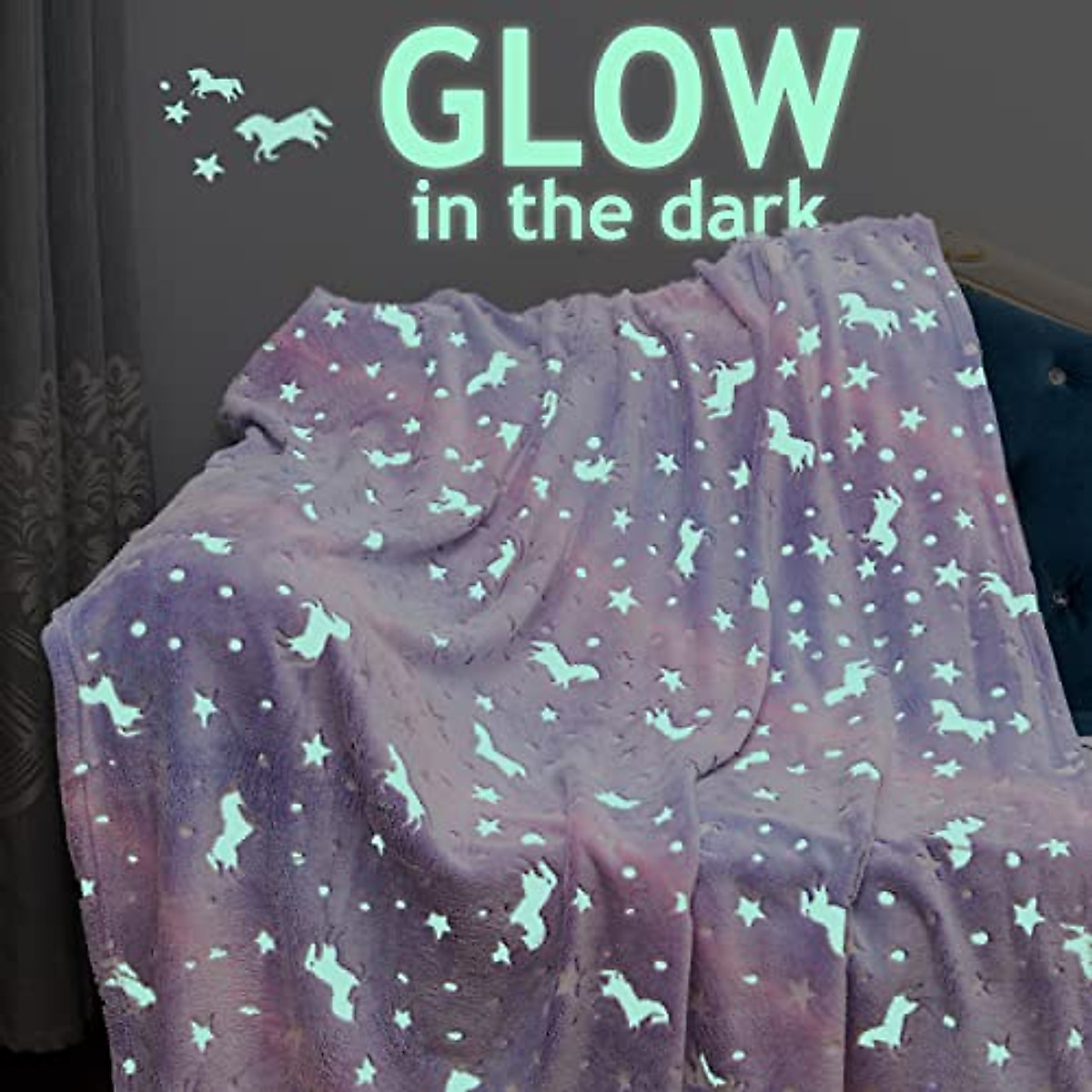QH Unicorn Pattern2 Glow in The Dark Throw Blanket Luminous Unicorns Blanket-Fun, Cozy Fleece Throw Blanket Made for Great Gifts 60in x 50in