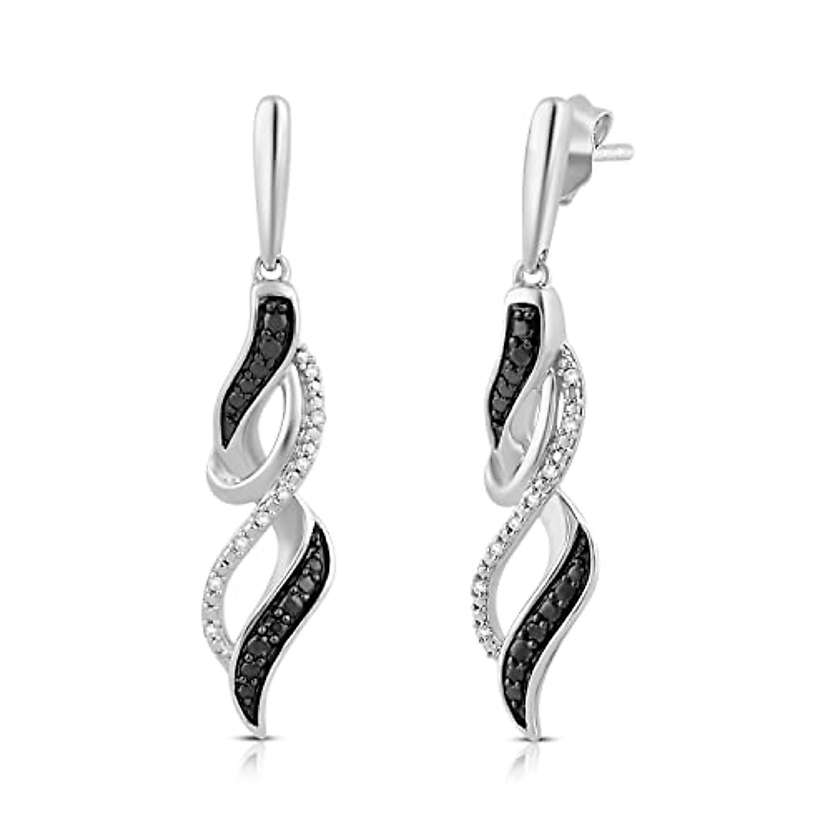 Jewelili Sterling Silver Treated Black and Natural White Round Diamond Accent Twisted Infinity Dangle Earrings