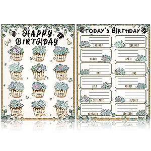 2 Pieces Happy Birthday Poster Chart, Eucalyptus Happy Birthday Bulletin Decorations for Classroom, Birthday Calendar Poster, Succulent Birthday Bulletin Board for Class, School, Office, 17 x 22 inch