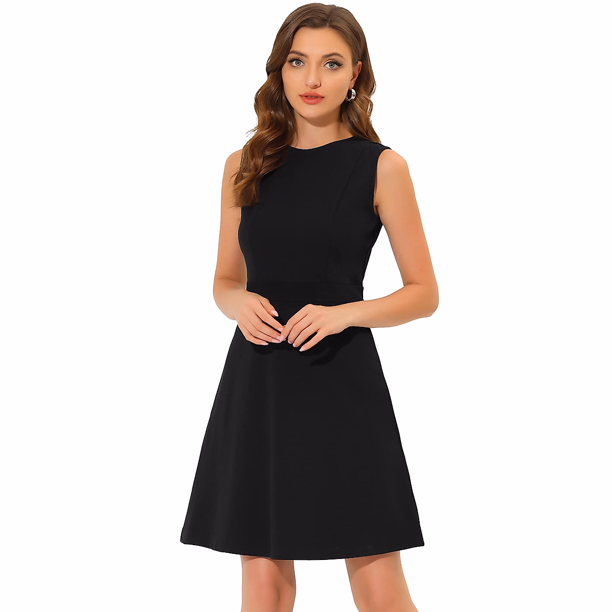 Allegra K Women's Work Dress Round Neck Solid Color Sleeveless A-Line Casual Office Dresses Large Black