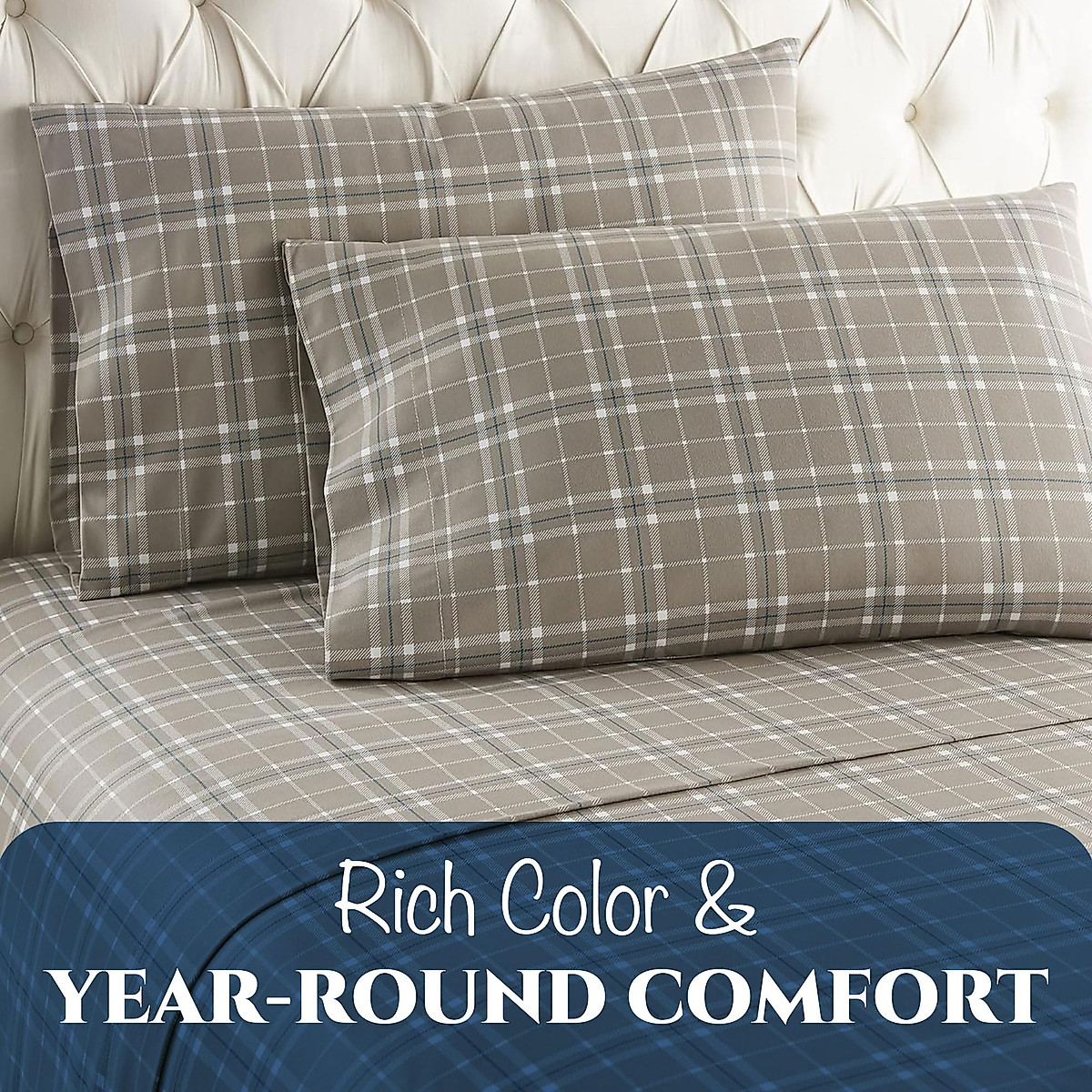 Thermee Micro Flannel Full-Size Sheet Set, Machine Wash & Dry, No Pilling, 16" Deep Pocket, 2 Pillowcases, Fashion Plaid Bark