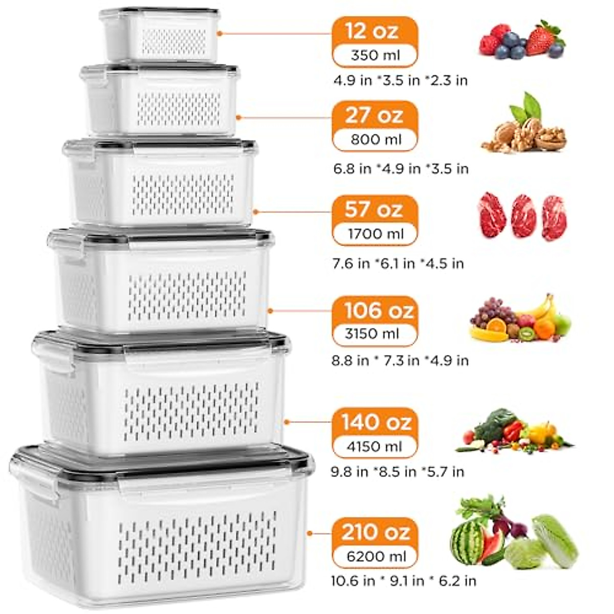 6 Pack Fruit Storage Containers for Fridge with Removable Colanders, BPA Free Food Storage Fridge Organizer, Dishwasher Safe Produce Containers Keep Fruits, Vegetables, Berry, Meat Fresh Longer