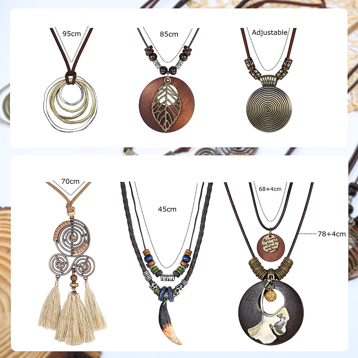 Sanfenly 6Pcs Long Pendant Necklaces for Women Vintage Style Bohemian Tribal Tassel Leaf Leather Necklace Adjustable Statement Handmade Wood Brown Sweater Necklace Set