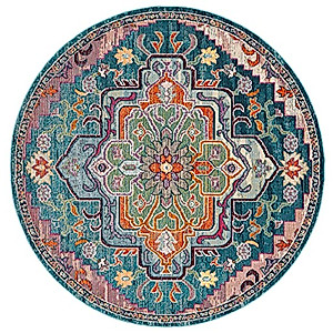 SAFAVIEH Crystal Collection 7' Round Teal / Rose CRS501T Boho Chic Oriental Medallion Distressed Non-Shedding Dining Room Entryway Foyer Living Room Bedroom Area Rug