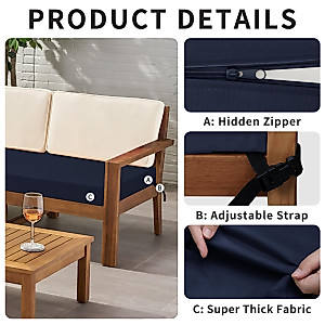 Easy-Going 48x18x3 inch Waterproof Outdoor Couch Bench Cushion Covers Only Replacement Non-Slip Patio Seat Cushion Slipcover with Zipper and Adjustable Straps Navy