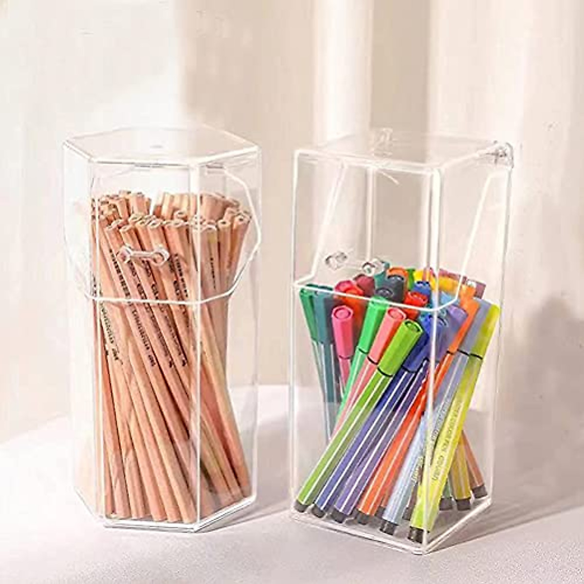 Housoutil 2Pcs Acrylic Makeup Brush Holder Organizer with Lid, Clear Makeup Organizer, Cosmetic Brush Storage Organizer Pen Holder for Bathroom, Dresser, Vanity and Countertop