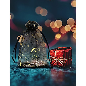 Jexila 100PCS Black Organza Bags 5''X7'' Moon Star Pattern Mesh Jewelry Gift Bags with Drawstring for Wedding Party Favor Small Candy Bags