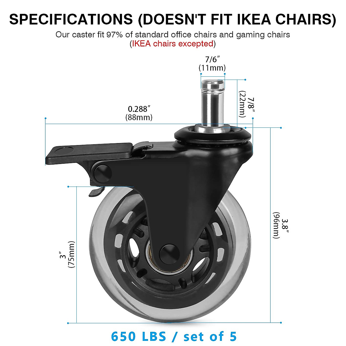 Hirate 5 Pack Office Chair Casters (2 with Brakes, 3 Without), 3" Lockable Heavy Duty Swivel Caster Replacements Smooth Rolling for Hardwood Floor Carpet
