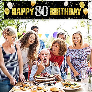 80th Birthday Banner Decorations for Men Women, Black Gold Happy 80 Birthday Yard Banner Sign Party Supplies, Eighty Year Old Birthday Party Decor for Indoor Outdoor