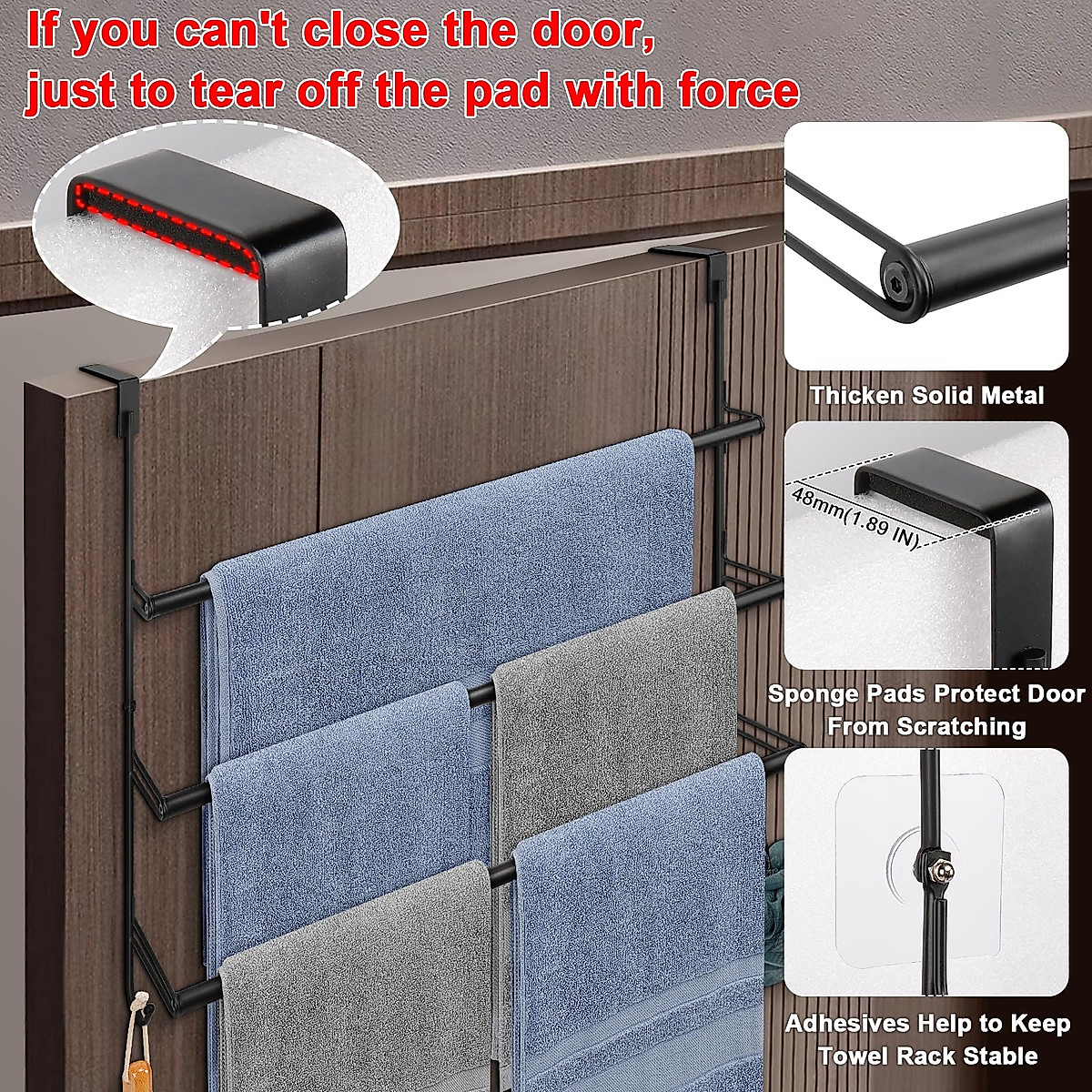 Livabber 3-Tier Over The Door Towel Rack, All Metal Towel Rack with Hooks for Door Hanging, Behind Door Towel Bar Towel Storage Holder for Bathroom Accessories, 22.83" L x 5.9" Wx 24.4" H (Black)