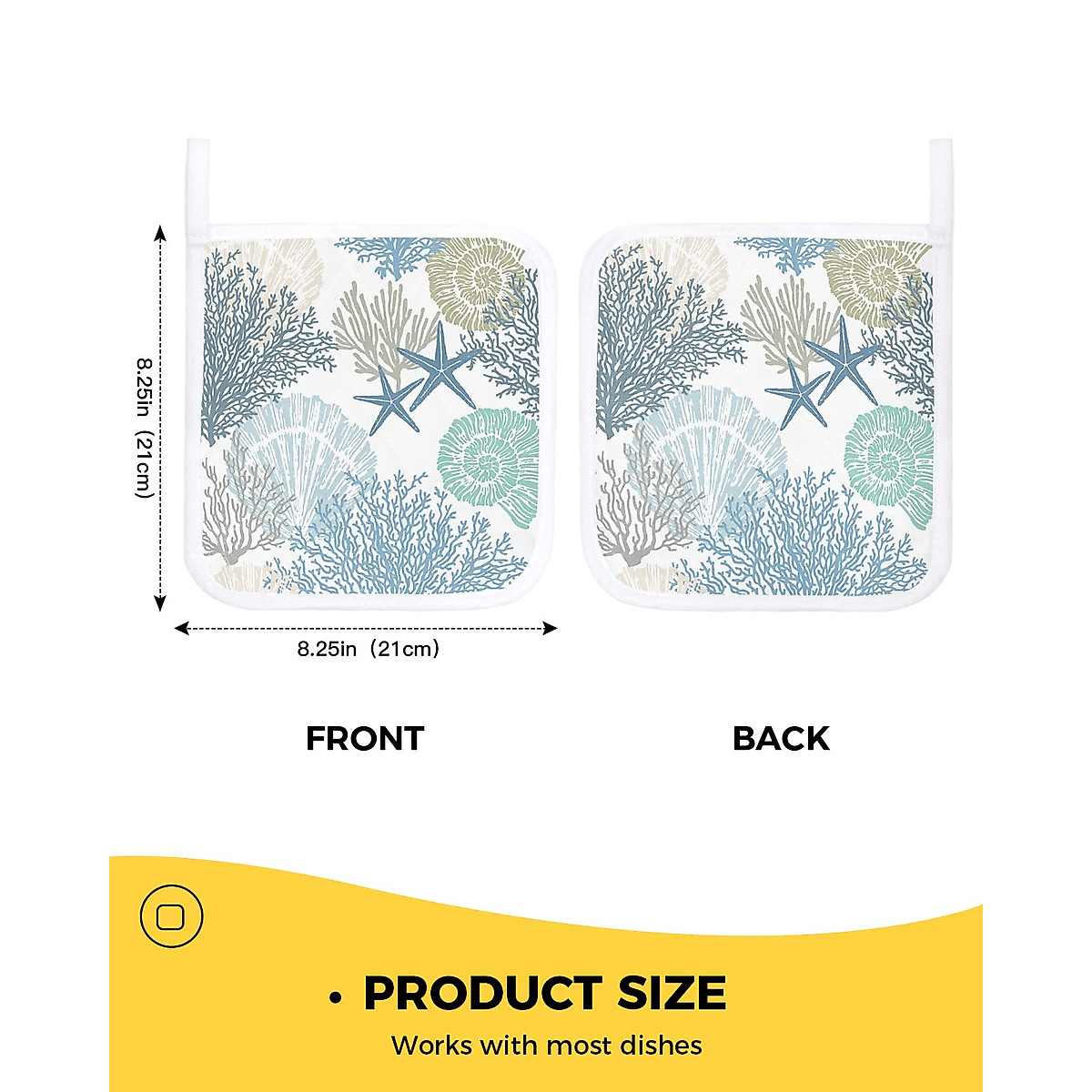 Blue Teal Coral Pot Holders for Kitchen Heat Insulation, Summer Beach Starfish Coastal Modern Geometric Potholders Hot Pads with Hanging Loop, Washable Oven Mitts Pot Holder Trivet for Cooking 2 Pack