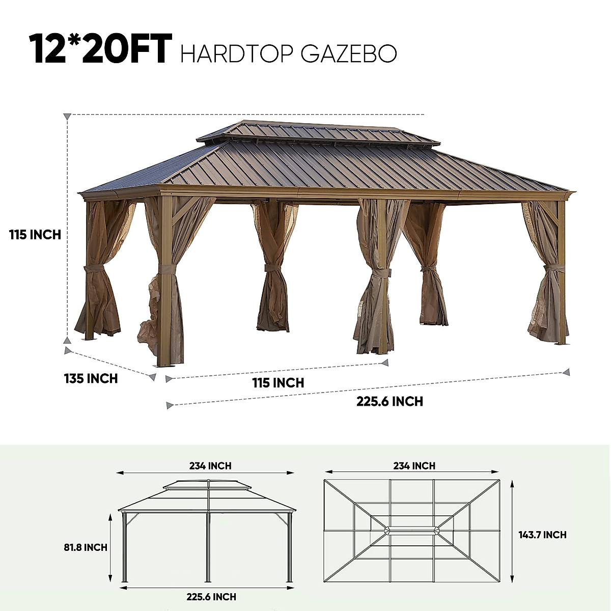 12' x 20' Hardtop Gazebo Outdoor Canopy Tent w/Double Galvanized Steel Vented Roof &Aluminum Frame for Garden Backyard,Permanent Metal Pavilion Heavy Duty Sunshade w/Privacy Curtains for Patio (Brown)