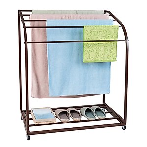 Flarhetoric Pool Towel Rack, Outdoor PVC Trapedozal Pool Storage Rack with 5 Towel Bars, Pool Float Storage with Wheels, Pool Towel Holder, Stores Floats and Paddles, Swimming Rings, Brown