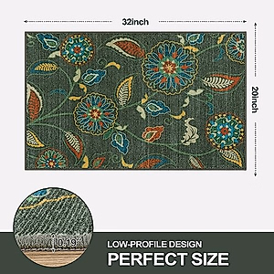 KIMODE Floral Indoor Door Mat 20''x32'', Green Washable Small Rugs for Entryway,Low-Pile Modern Abstract Doormat Indoor,Non-Slip Leaf Throw Rug Floor Carpet for Kitchen/Entrance
