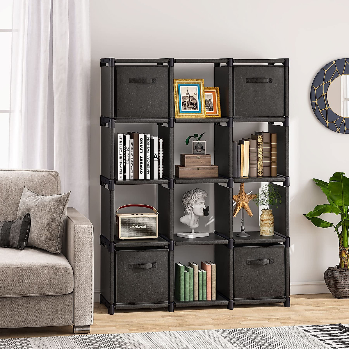 Tribesigns 12 Cubes Storage Organizer DIY Storage Shelves Stackable Open Bookshelf with 4 Cube Storage Bins with Handle Organizer 10.5" x 10.5" for Closet Rack Cabinet Bedroom Livingroom, Black