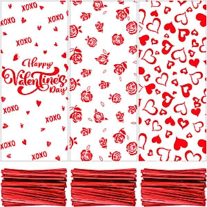 150 Pieces Valentine Cellophane Bags Treat Bags Goodies Bags Candy Bags with 150 Pieces Twist Ties for Valentine's Day Party Favor Supplies (Rose, Heart and Happy Valentine's Day Design)