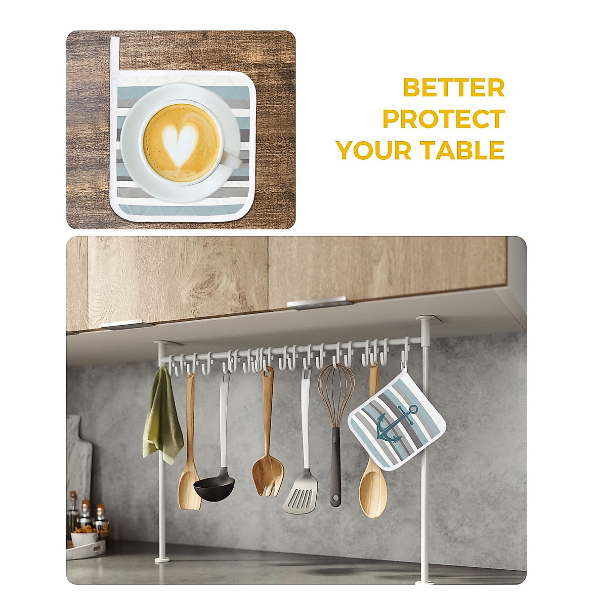 Pot Holder Set of 2 Coastal Nautical Anchor Potholder Heat Proof Non-Slip Pot Holders,Blue Grey Stripe Hot Pads Potholders for Kitchen Cooking Baking BBQ