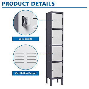 BYNSOE Metal Locker with 4 Door Employees Locker 4-Tier Storage Cabinet Locker for School Gym Office Hospital Steel Storage Locker (Grey White4)