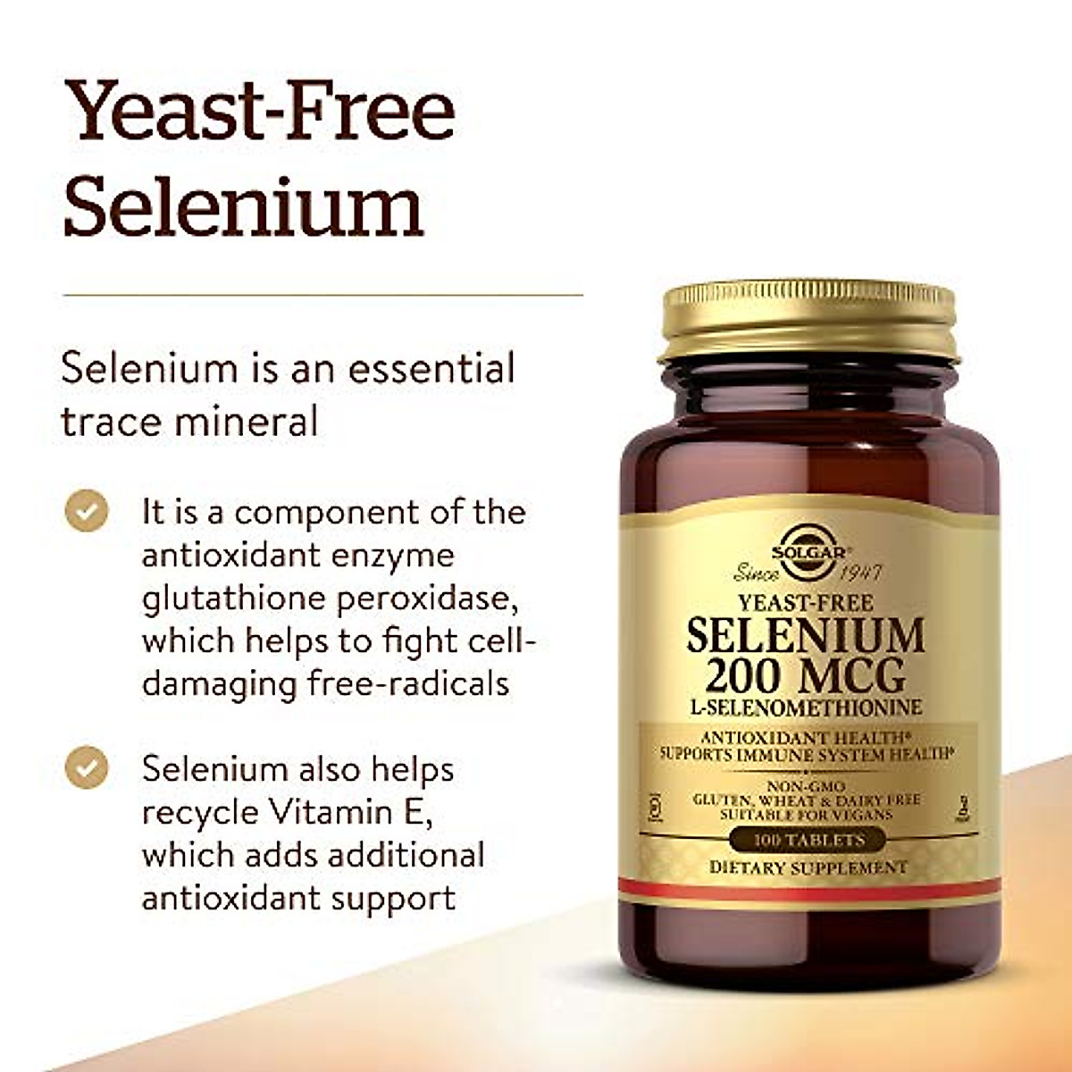 Solgar Yeast-Free Selenium 200 mcg, 100 Tablets - Supports Antioxidant & Immune System Health - Non-GMO, Vegan, Gluten Free, Dairy Free, Kosher - 100 Servings