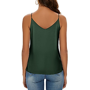 Miqieer Basic Women's Silk Tank Top Ladies V-Neck Camisole Silky Loose Sleeveless Blouse Satin Tank Shirt(DarkGreen,M)