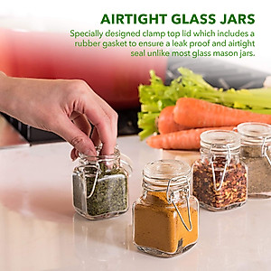 (3 oz) Small Square Glass Jars with Airtight Round Lids, Empty Spice Containers with Labels, Leak Proof Rubber Gasket and Hinged Lid, Chalkboard Label & Marker Included, For Home or Kitchen (12 Pack)
