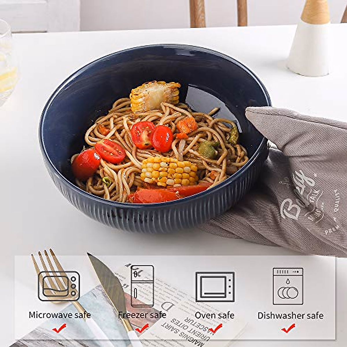 KOOV 2.4 Quarts Porcelain Big Salad Bowl Set, 9" Large Serving Bowls, Ceramic Bowls for Kitchen, Big Bowl for Eating, Striped Series Set of 2 (Aegean)