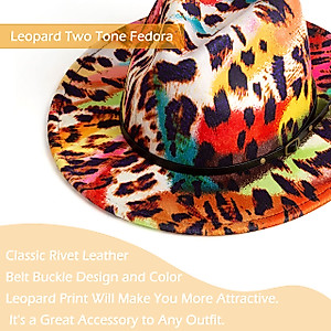 Gossifan Women Two Tone Wide Brim Fedora Felt Panama Hats Classic Belt Buckle Color Leopard/Black