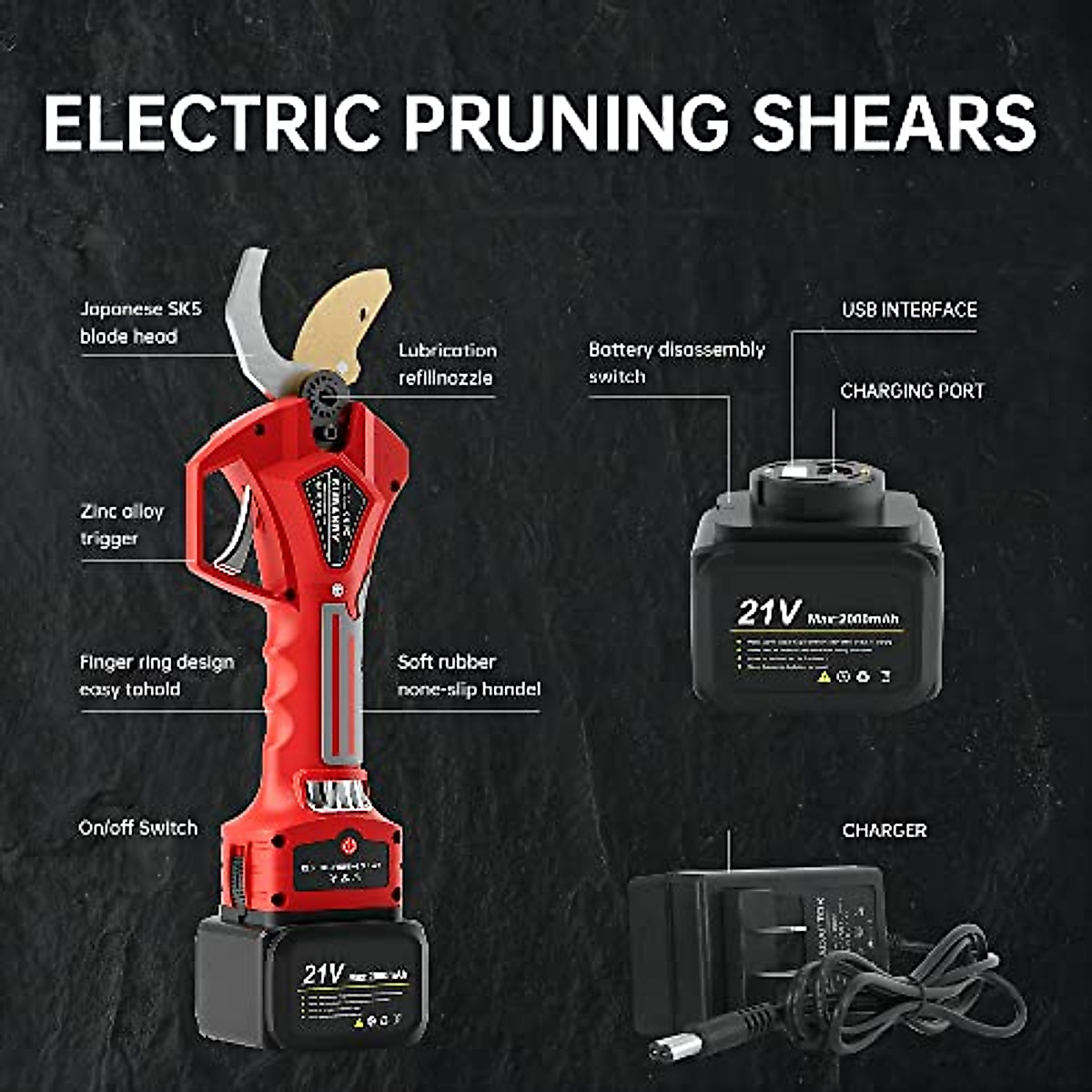 SURANRY Professional Electric Pruning Shears,Cordless Trimmer with 1.26inch/32mm Cutting Diameter Heavy Duty with 2 Pack Brushless Motor Rechargeable,Pruning Shears for Gardening, Park and Farms.