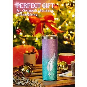 Onebttl Writer Gifts for Women - 20oz/590ml Skinny Glitter Stainless Steel Insulated Tumbler with Straw - Graduation/Birthday/Christmas Gift for Writers, Novelist, Scriptwriter- Feather Pen