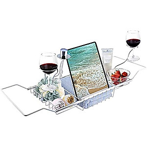 GOTOTOP Stainless Steel Tub Shampoo Bath Caddy Bathtub Caddy Tray, Stainless Steel Bathroom Bath Tub Table Caddy Tray Shelf with Extending Sides and Removable Wine Glass Book Holder Bath Organizer