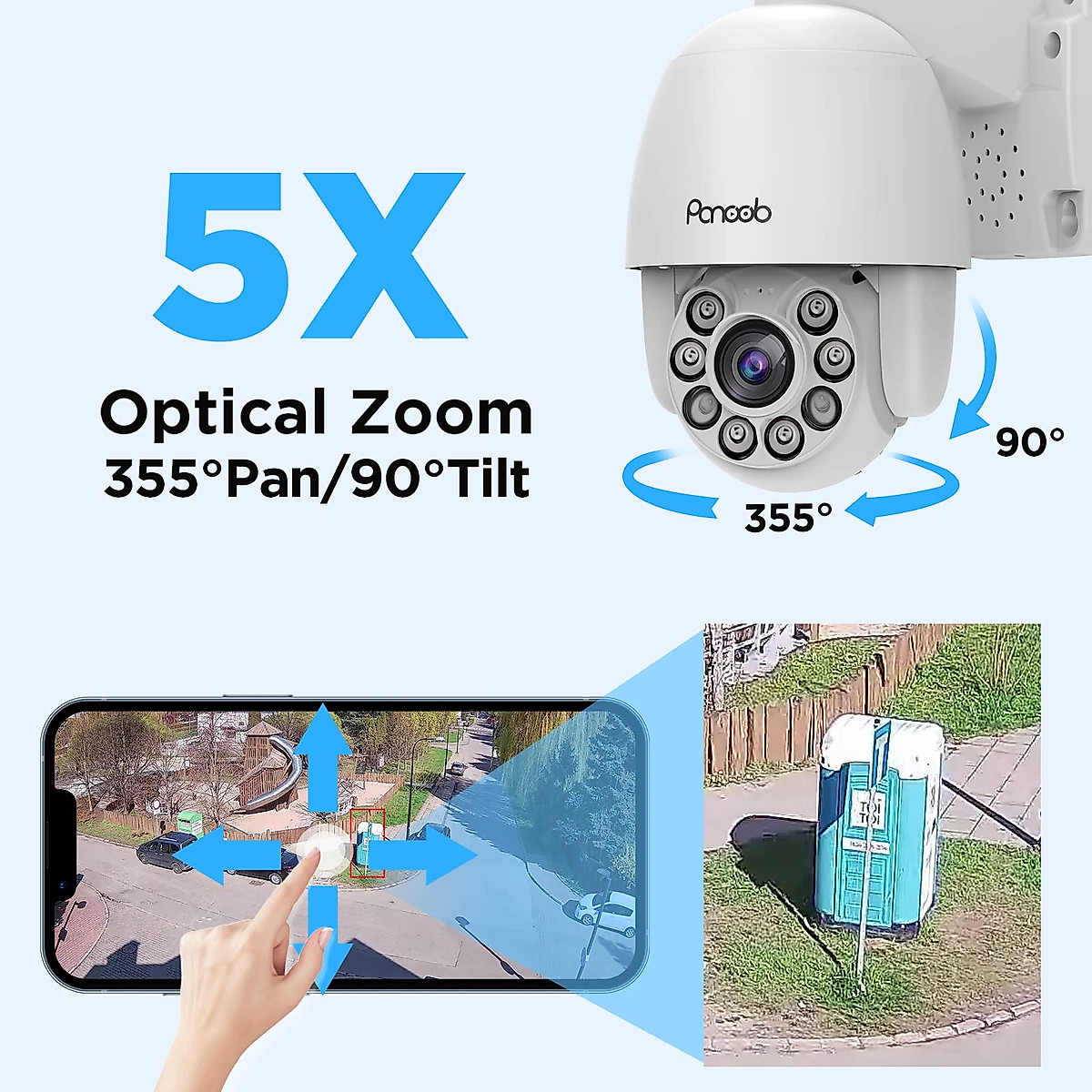 PANOOB 6MP PTZ Outdoor Camera, 355° Pan 90° Tilt 5X Optical Zoom PoE IP Security Cams, AI Human Vehicle Detection, 2.7-13.5mm Lens, 328ftIR Night Vision, Two Way Talk, Support 256GB SDCard, PT16A-6MZ