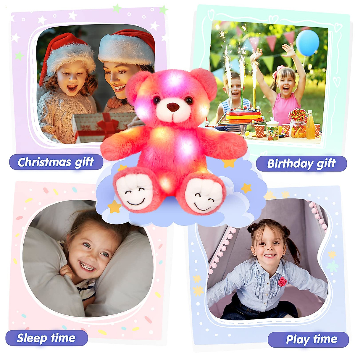 BSTAOFY Light up Plush Bears Gentle Smile Stuffed Animal Soft Fur Nightlight Toy Valentine's Day Gifts for Kids Birthday, 11.5"