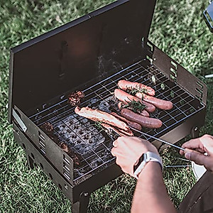 HOMFUL Charcoal Grills Portable Camping Grill Folding BBQ with 8 Pcs Barbecue Accessories with Lid 3-level Height Adjustment for 3 to 5 people for Outdoor Hiking Party Park Beach, Black