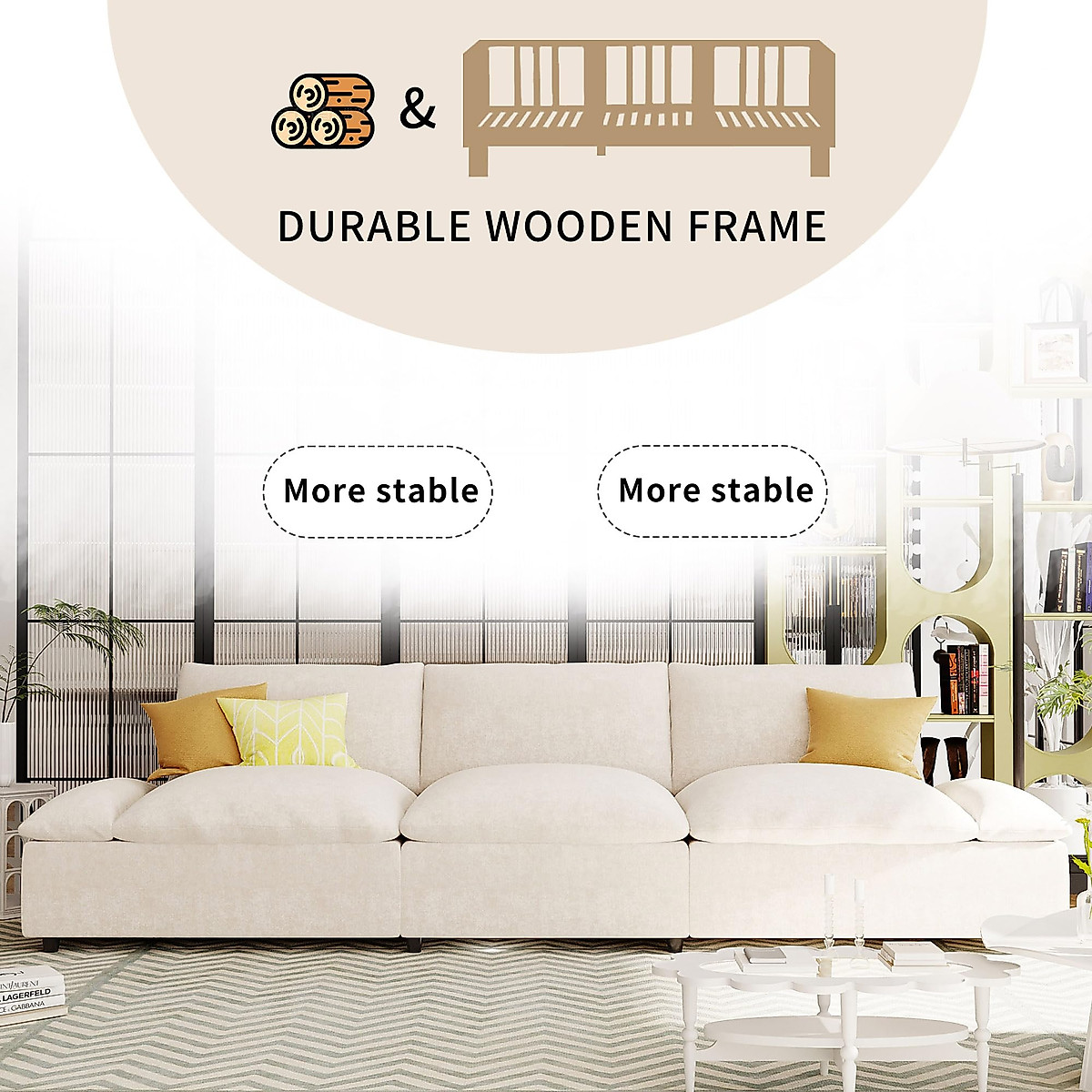 HOMIQUEEN 120'' 3 Seater Sofa with 2 Storage Units, Mid-Century Modern Upholstered Sofa Deep Seating, Solid Wood Leg Support for Living Room Bedroom Apartment Office (BEIGE)