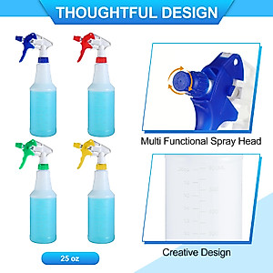 Eaasty 12 Pack Plastic Spray Bottles 25 oz Leak Proof Mist Spraying Bottles Safe Squirt Bottle Refillable with Adjustable Head and Measurements for Bleach Rubbing Cleaning (Red, Blue, Yellow, Green)