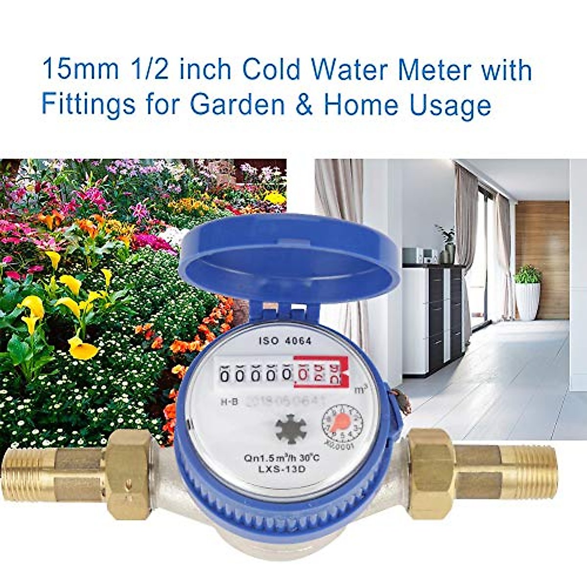 Oumefar 15mm 0.5 inch Water Flow Meter Cold Water Meter Arbitrary Rotation Function with Fittings for Garden and Home Usage