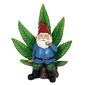 Exhart Smoking Garden Gnome Statue with LED Light-Up Pot Leaf, Battery Powered Timer, Durable Resin Outdoor Decor, Funny Gnomes Yard Art, 11 x 6 x 12 Inch