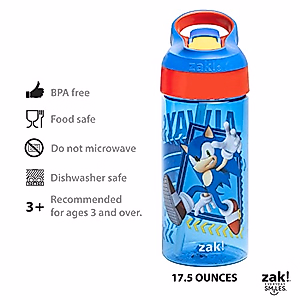 Zak Designs Sonic the Hedgehog Kids Water Bottle with Spout Cover and Built-in Carrying Loop, Made of Durable Plastic, Leak-Proof Water Bottle Design for Travel (17.5 oz, Non-BPA, Pack of 2)