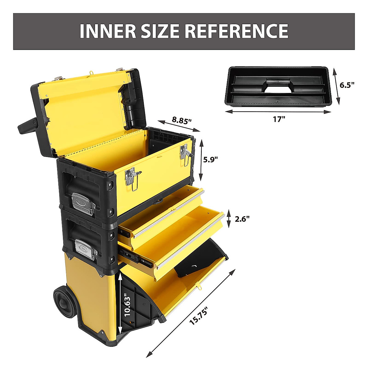 BIG RED Stackable Rolling Tool Box Portable Metal Toolbox Organizer with Wheels and 2 Drawers Separate Rolling Upright Trolley Tool Chest for Garage or Workshop,Yellow,ATRJF-C305ABDY
