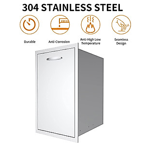 OUKIDR Built-in Single Trash Drawer Stainless Steel Outdoor Kitchen Trash Drawer Storage One Trash Bin for Outdoor Kitchen BBQ Island,14" W X 27" H X 20" D