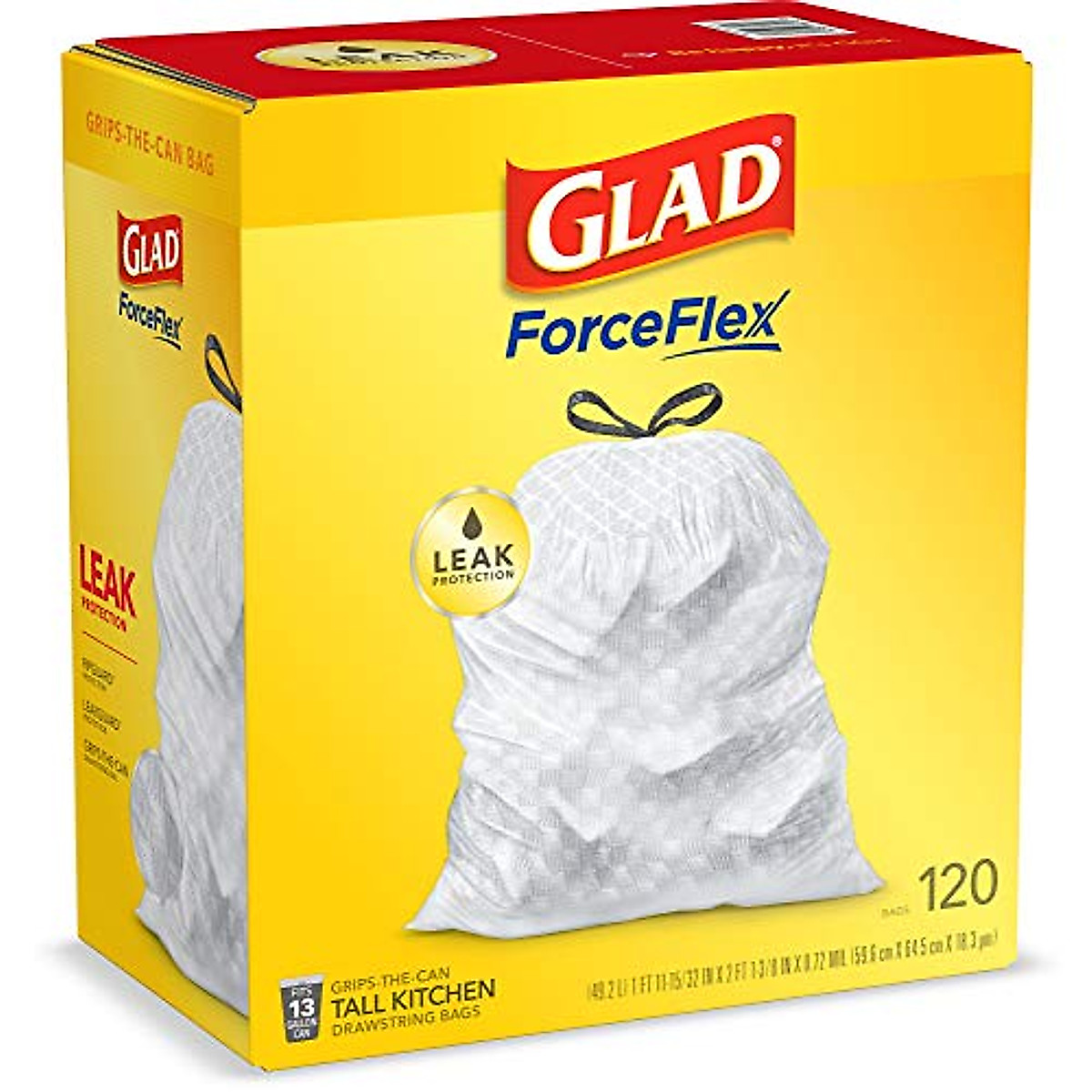GLAD ForceFlex Tall Drawstring Trash Bags, 13 Gallon White Trash Bags for Tall Kitchen Trash Can, Unscented Leak Protection Bags, 120 Count - Packaging May Vary
