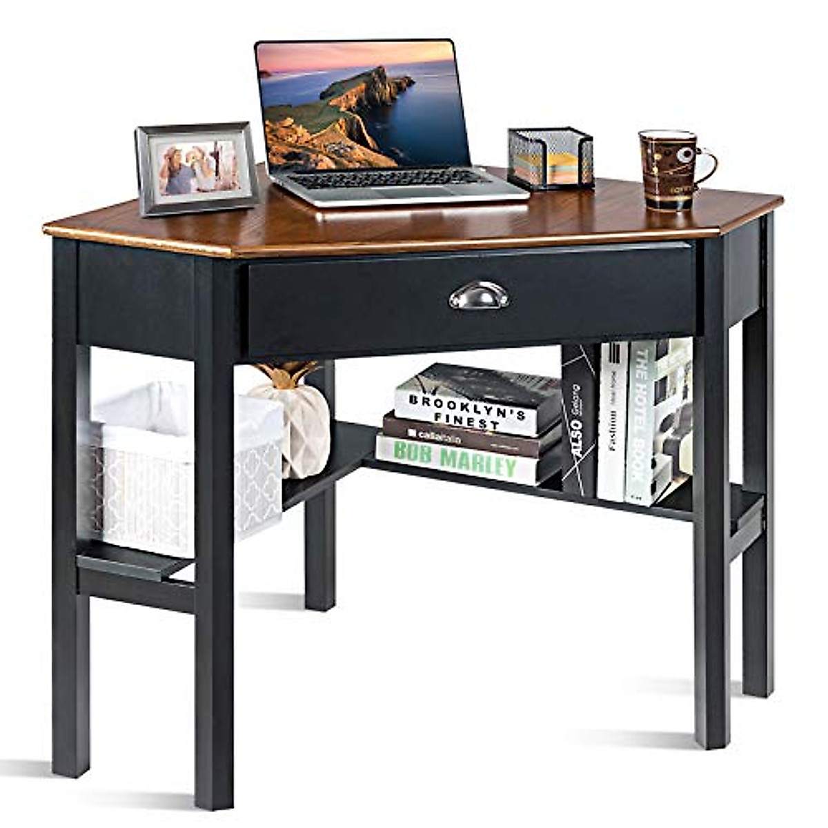 GOFLAME Computer Corner Desk, Wood Compact Home Office Writing Worstation with Drawer and Shelves, Laptop PC Corner Table for Small Space Home Office (Coffee)
