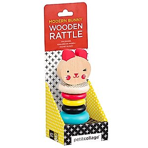 Petit Collage Wooden Baby Rattle, Bunny – Cute Wooden Rattle for Babies 6+ Months – Activity Toy with Vibrant Colors and Patterns for Developmental/Grasping Stages – Makes an Ideal Baby Gift