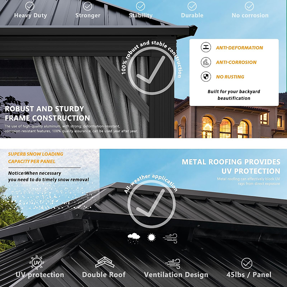 Jolydale 12FT×20FT Hardtop Aluminum Gazebo, Outdoor Metal Frame Canopy with Mosquito Net and Privacy Sidewalls,for Patio, Backyard, Large Size