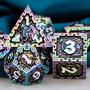 ARUOHHA Metal D&D Dice Set Dragon Design DND Rainbow Dice with Gift Box, D + D 7pcs Large Polyhedral Dice for Dungeons and Dragons RPG Role Playing Games Handmade D and D Dice D20 D12 D10 D8 D6 D4