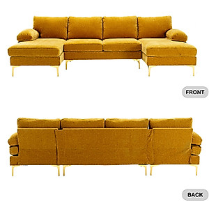 Pvillez Modern Sectional Sofa with Double Chaise Large Convertible Couches Chenille U-Shape Couch with Rolled Arms and Golden Legs Oversize Yellow Sofa for Living Room Comfortable Modular Sofa