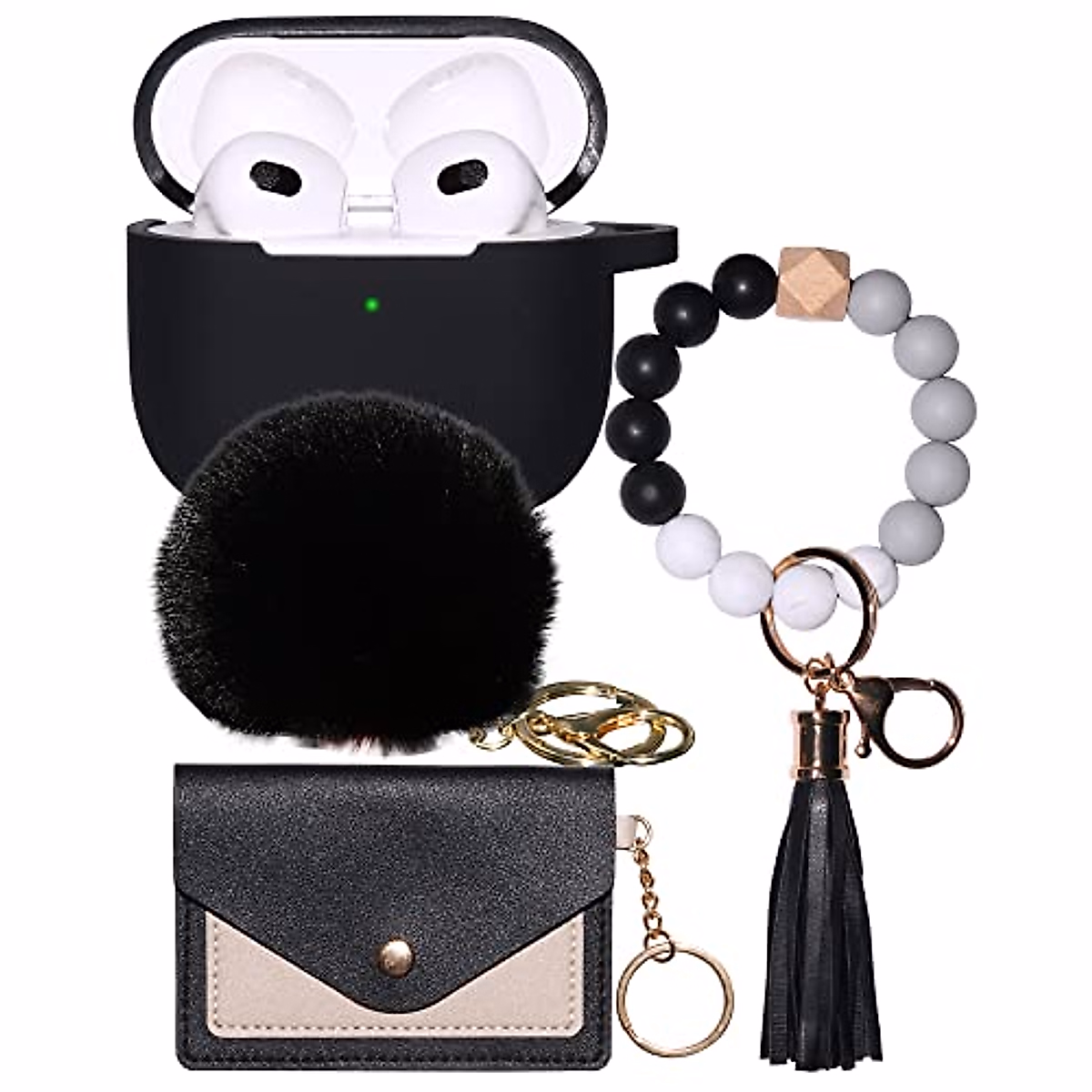 4-in-1 for AirPods 3 Case Cover Accessories Set Kit, Cute for AirPod 3rd Generation Case Skin with Fur Ball Pompom/Wristlet Bracelet Keychain/Credit Card Holder Purse for Women and Girls Black
