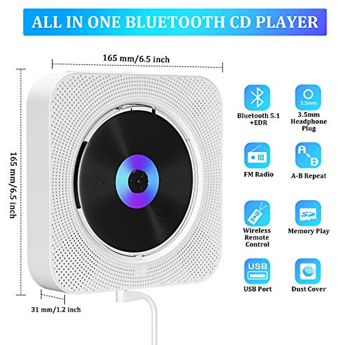 Qoosea Portable CD Player with Bluetooth Wall Mountable CD Music Player Home Audio Boombox with Remote Control FM Radio Built-in HiFi Speakers MP3 Headphone Jack AUX Input Output